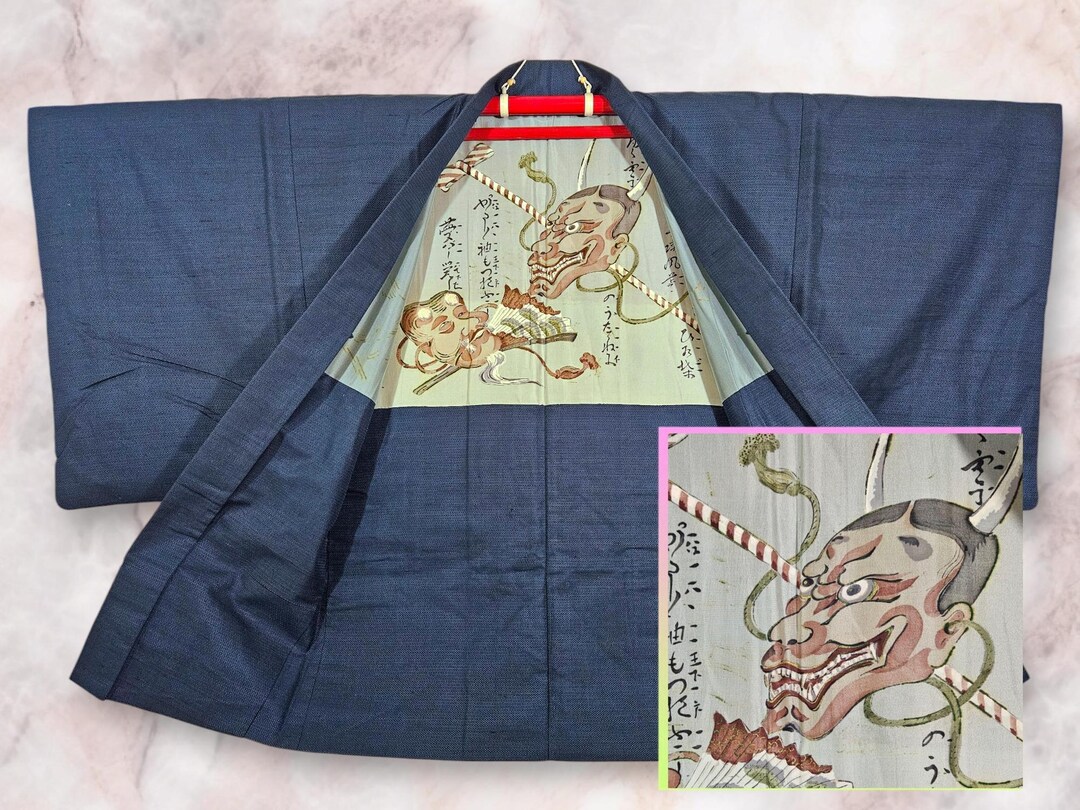 Vintage Japanese Men's Haori Kimono Jacket, Hannya Demon Mask Noh ...