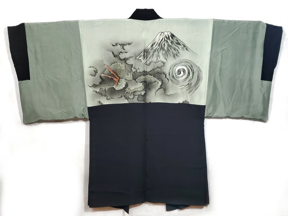 Rare Black Silk Samurai Men's Kimono Jacket with Drag… - Gem