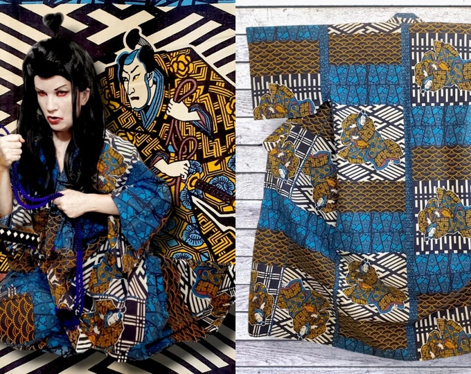 Rare Samurai Mens Yukata, Japanese Shogun Patchwork Pattern in Blue ...