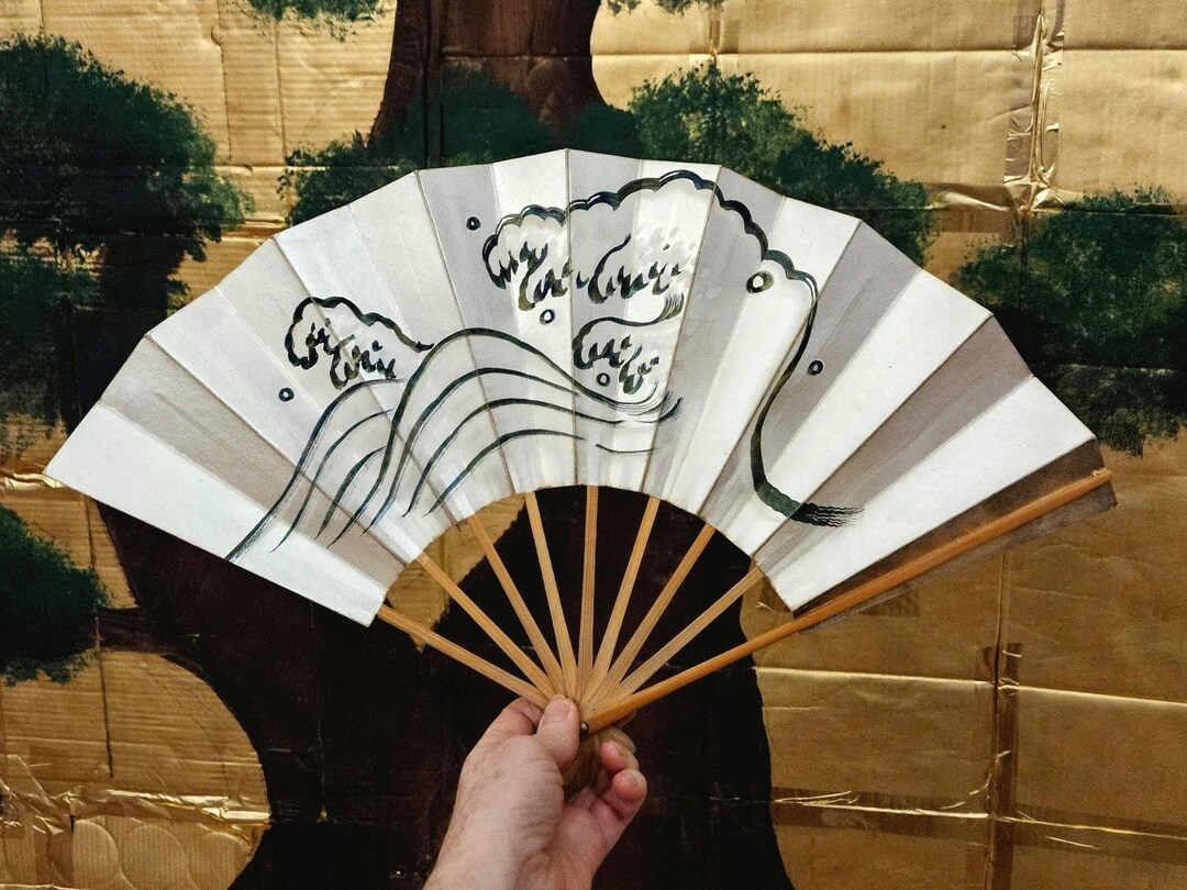 Japanese Handpainted Folding Fan, Blue Green Ocean Waves on Silver ...