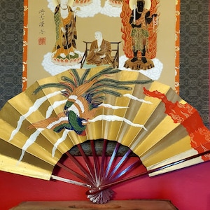 Rare Japanese Folding Fan, Vintage Mai Ogi Sensu, Gold Foil W/ Phoenix ...
