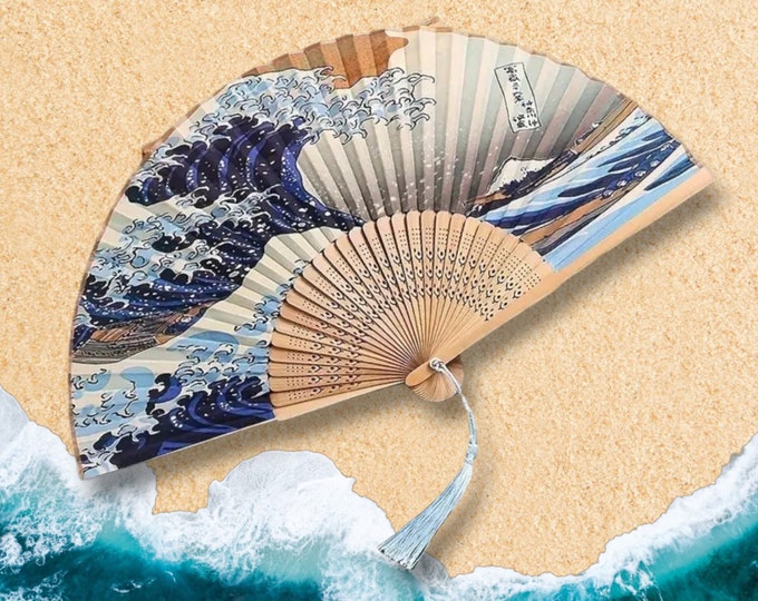 Japanese Folding Fan, Silk Hand Fan, Hokusai Wave Over Kanagawa ...