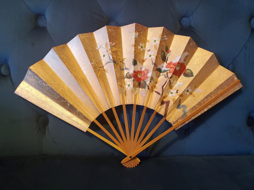 Rare Antique Japanese Folding Fan, Hand Painted Camellia & Ume Flowers ...