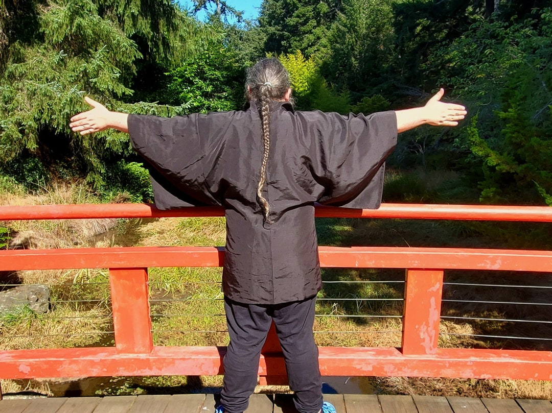 Men's Black Silk Haori, Vintage Japanese Samurai Kimono Jacket, Mens ...