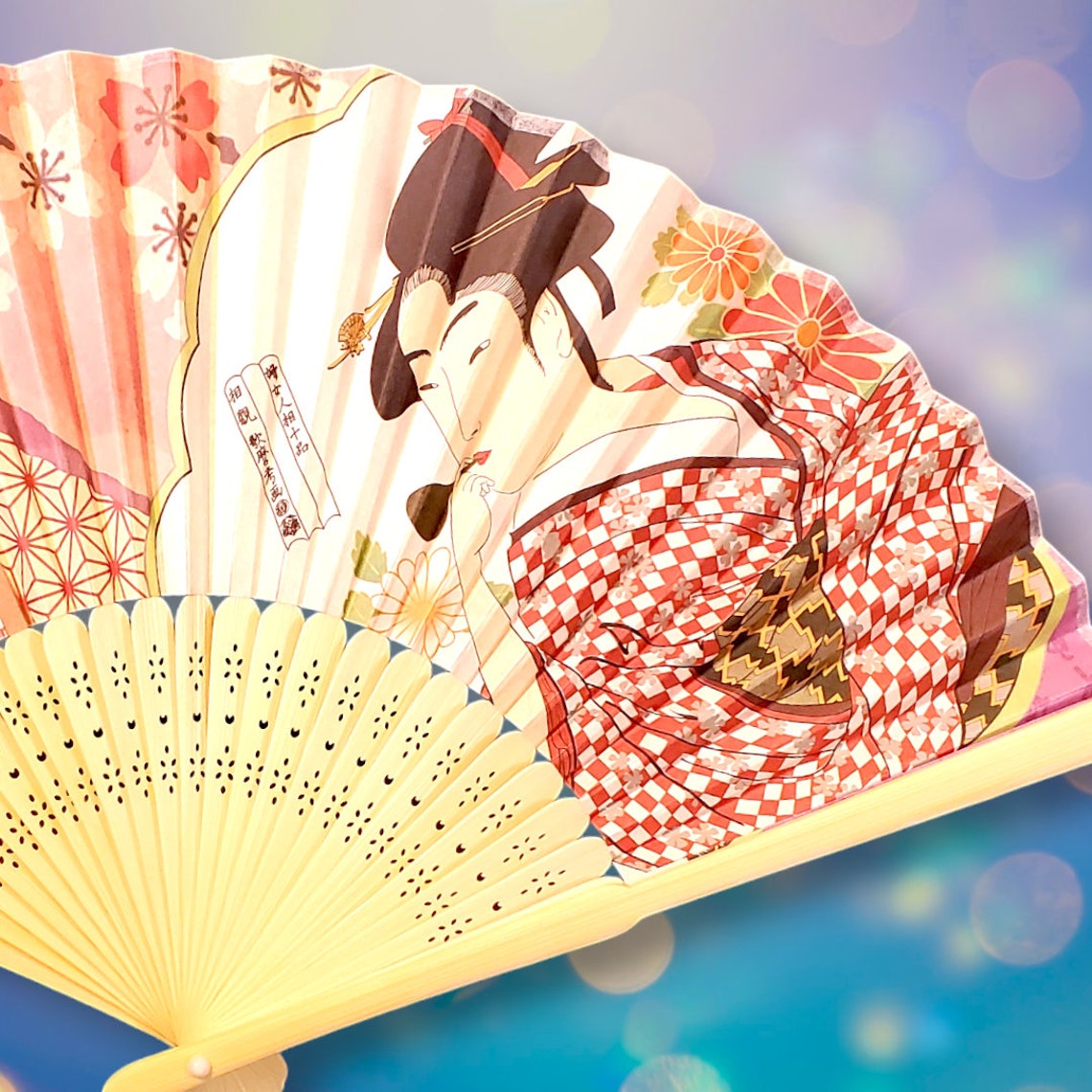 Japanese Folding Fan, Ukiyo-e Art Pretty Woman Geisha, Silk Hand Fan ...
