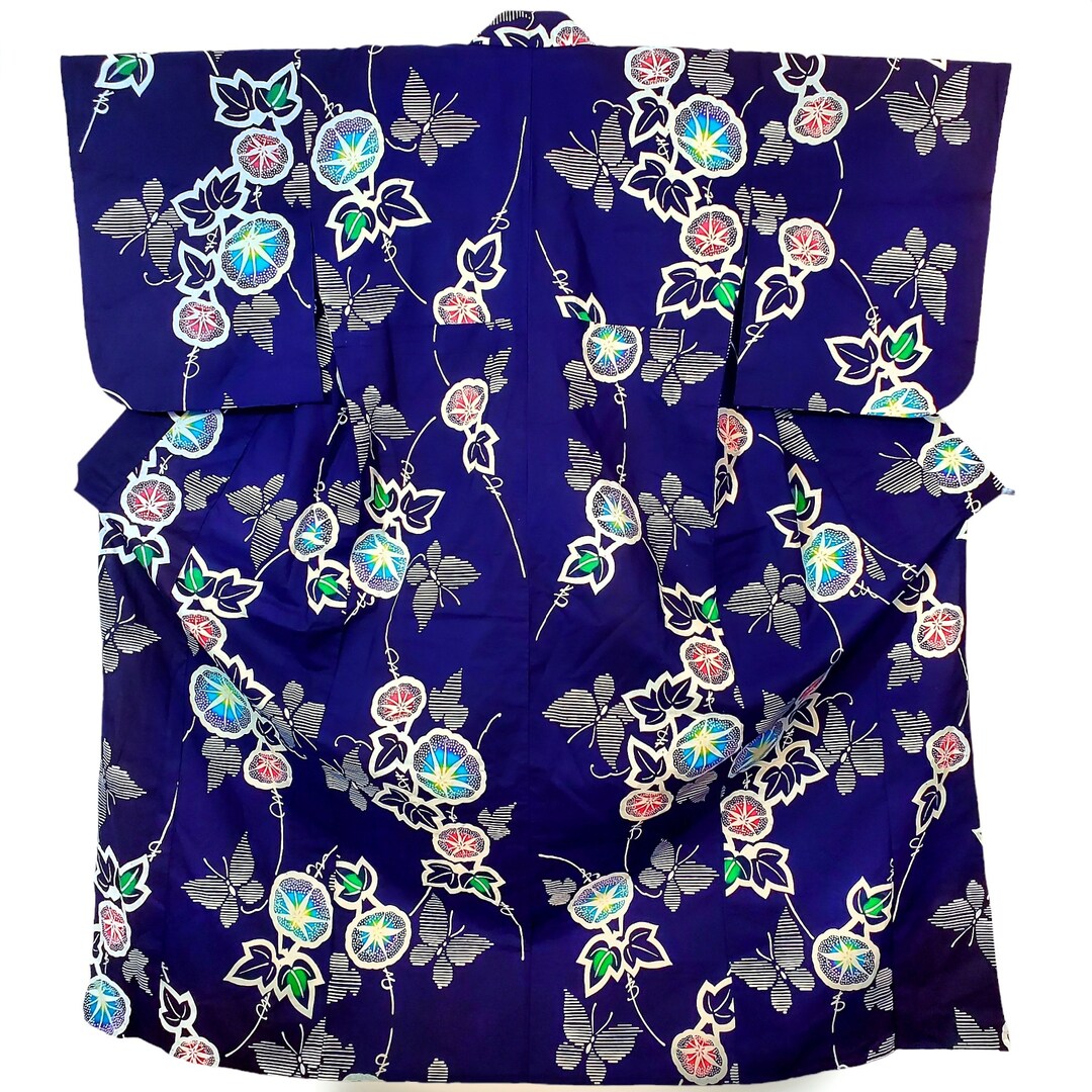 Japanese Women's Yukata, Butterflies & Morning Glory Flowers in Red ...