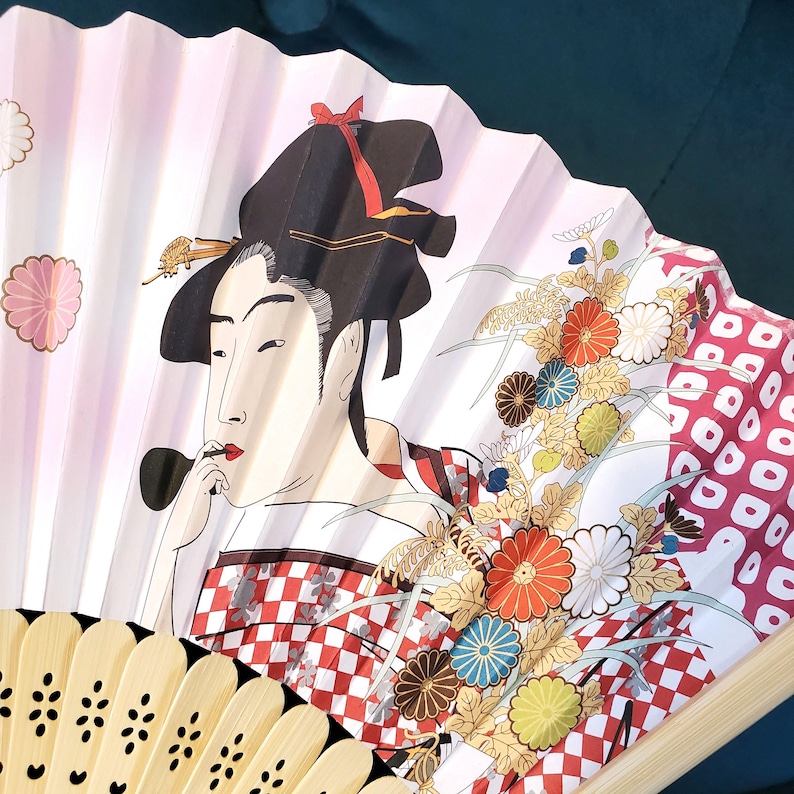 Japanese Folding Fan, Ukiyo-e Art Pretty Woman Geisha, Silk Hand Fan ...