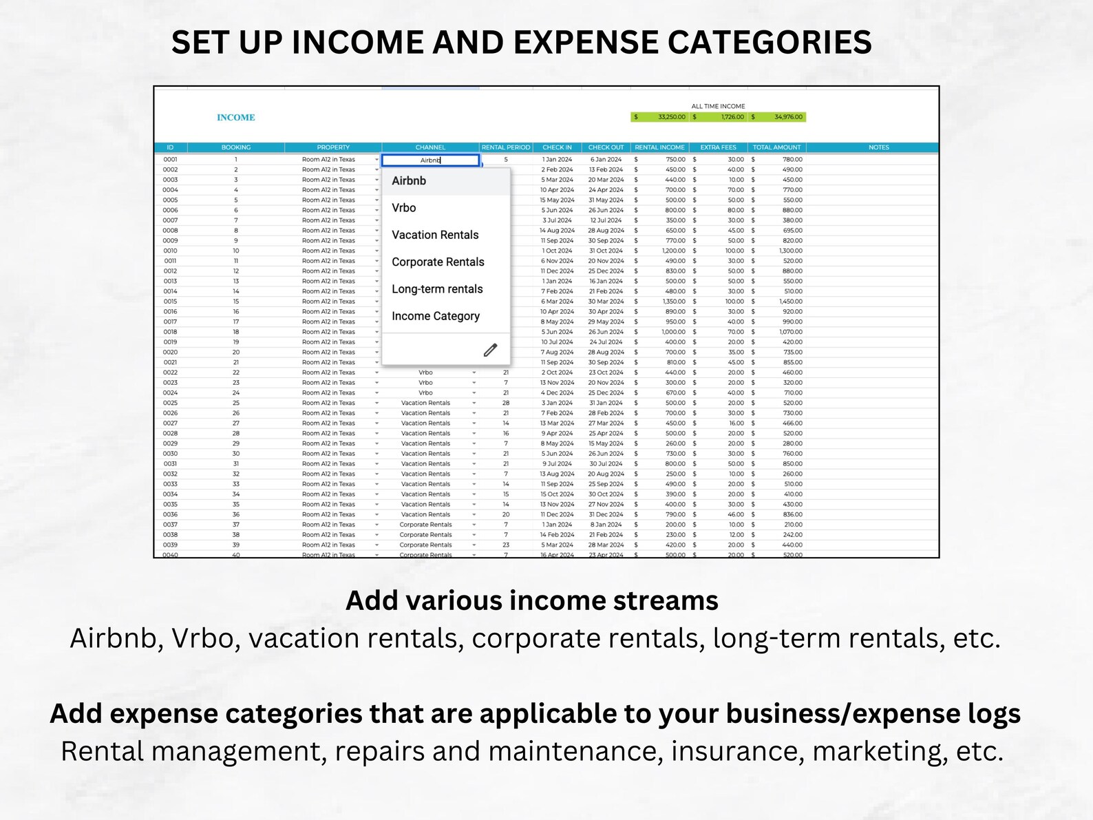 AIRBNB RENTAL TEMPLATE, Property Management Templates, Income and ...