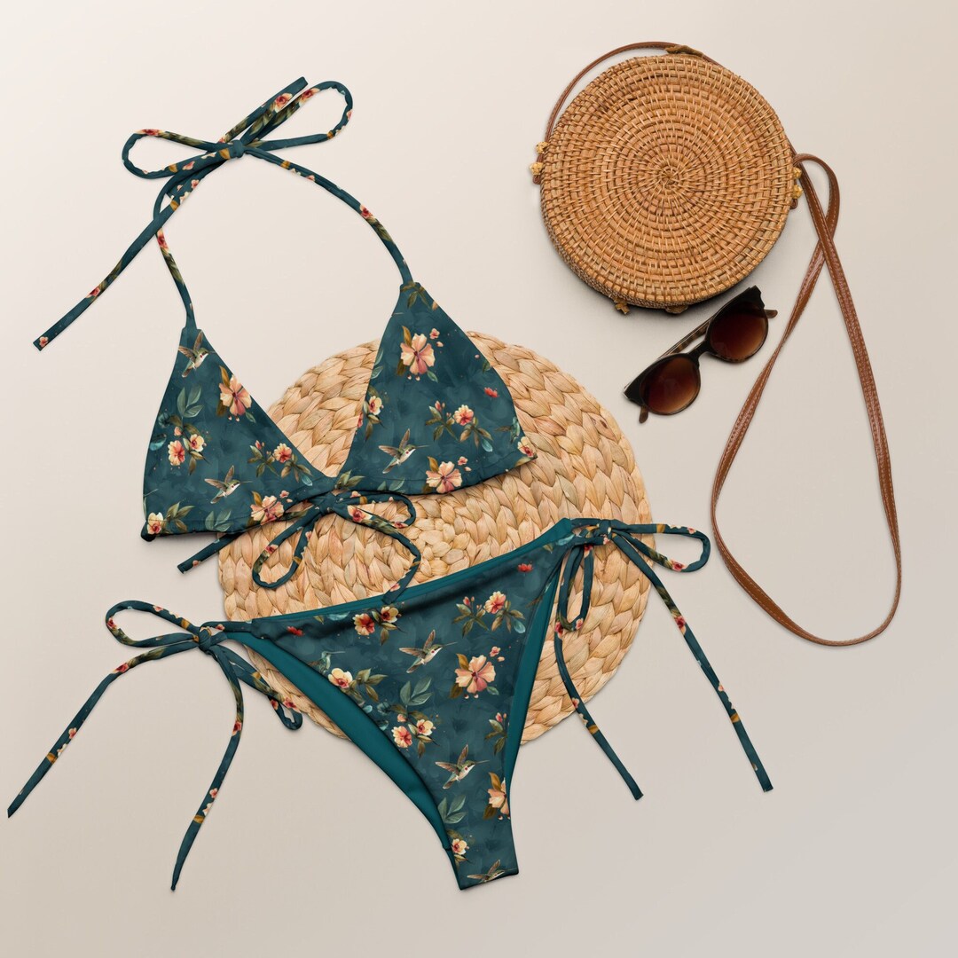Hummingbird Bikini Floral Bikini Teal Vintage Bathing Suit Bohemian ...