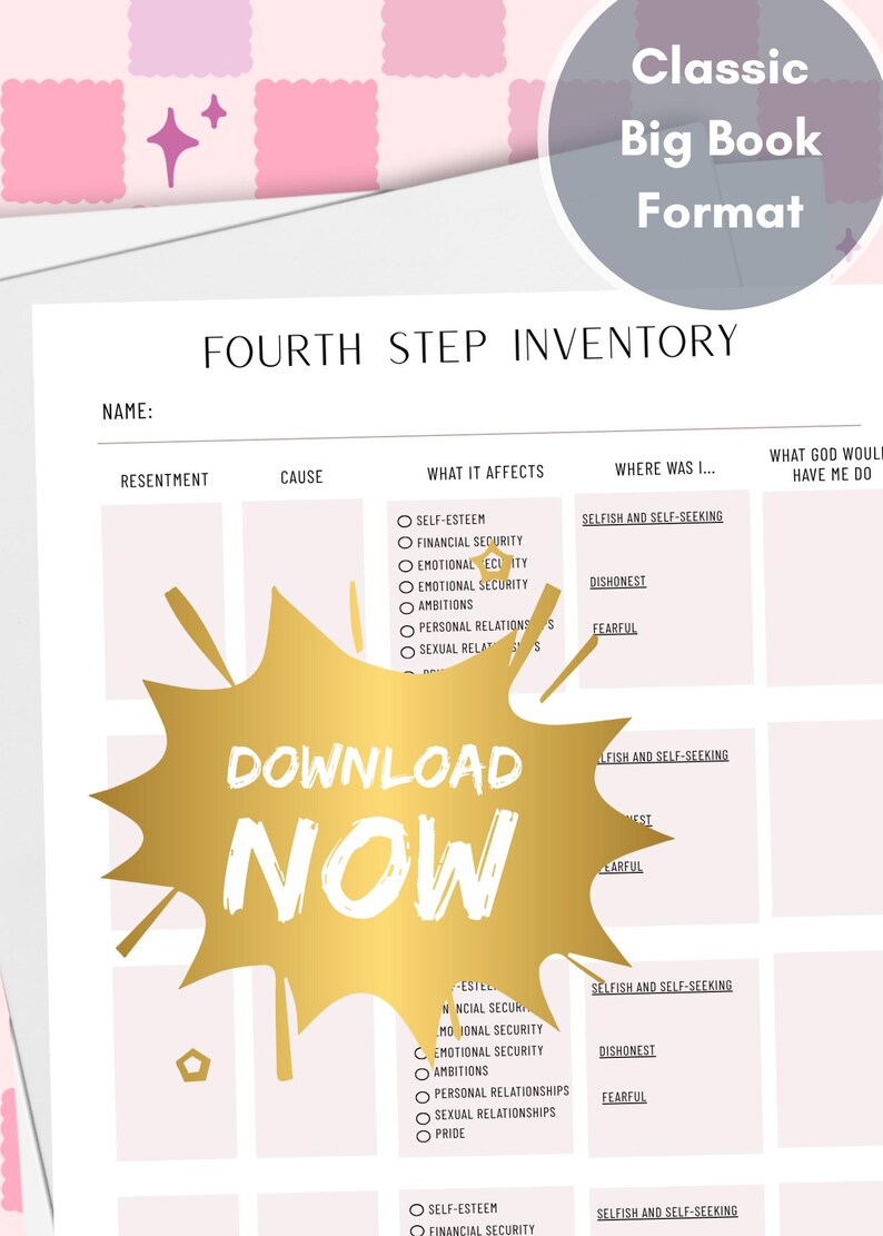Fourth Step Inventory Worksheet | AA 12 Step Printable PDF | 4th Step ...