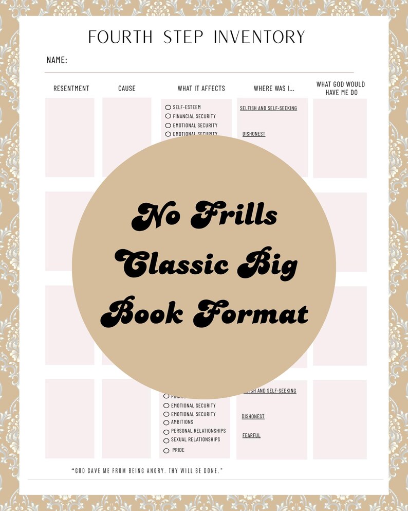 Fourth Step Inventory Worksheet (landscape) | AA Step 4 Printable PDF | Resentment Inventory ...