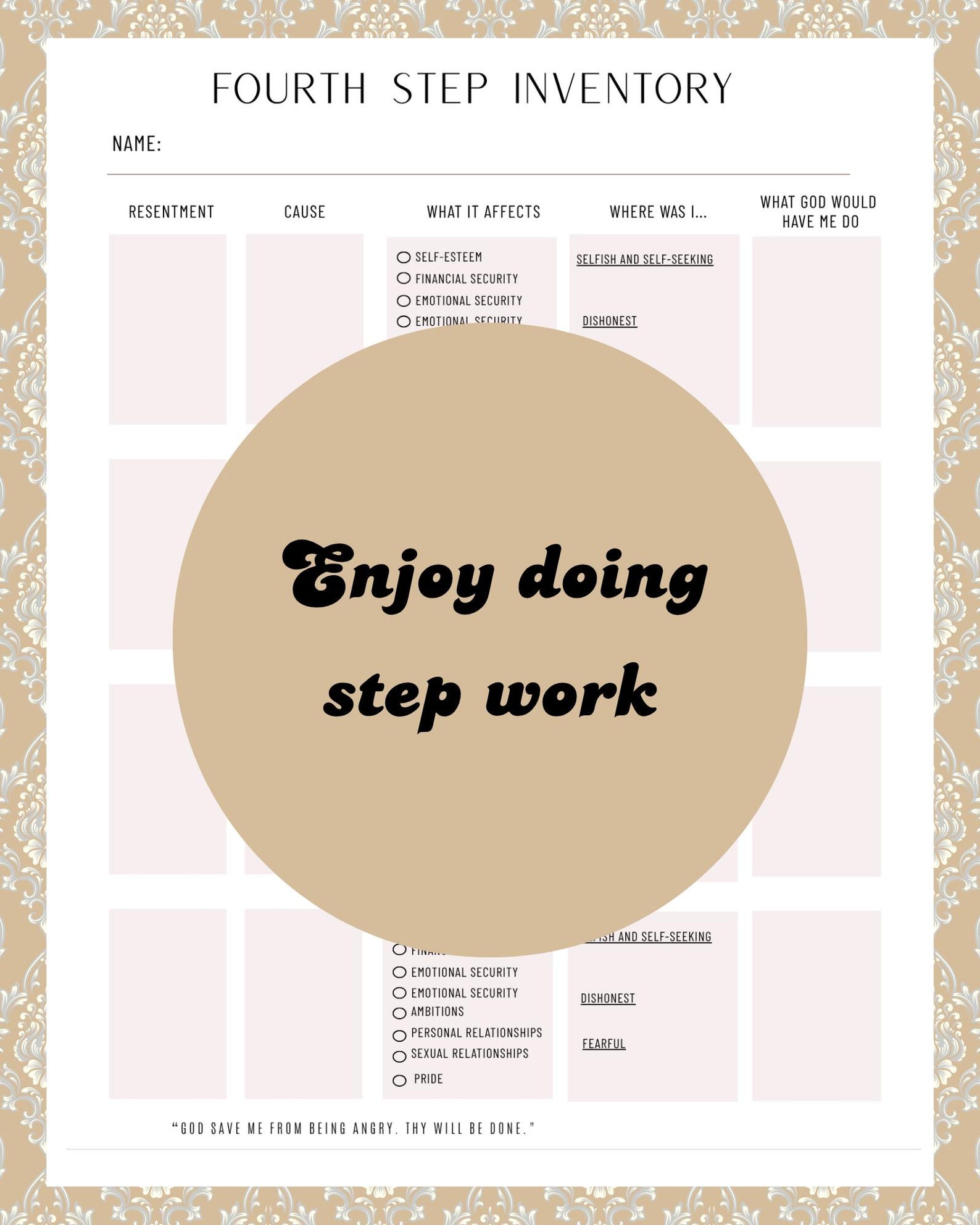 Fourth Step Inventory Worksheet (landscape) | AA Step 4 Printable PDF | Resentment Inventory ...