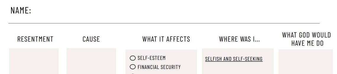 Fourth Step Inventory Worksheet (landscape) | AA Step 4 Printable PDF ...