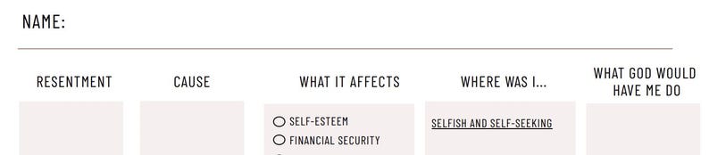 Fourth Step Inventory Worksheet (landscape) | AA Step 4 Printable PDF ...