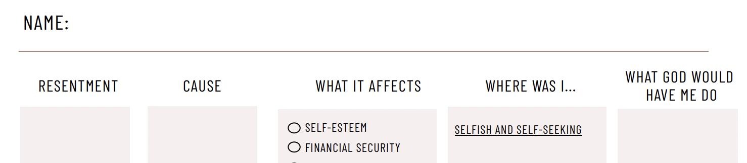 Fourth Step Inventory Worksheet (landscape) | AA Step 4 Printable PDF ...