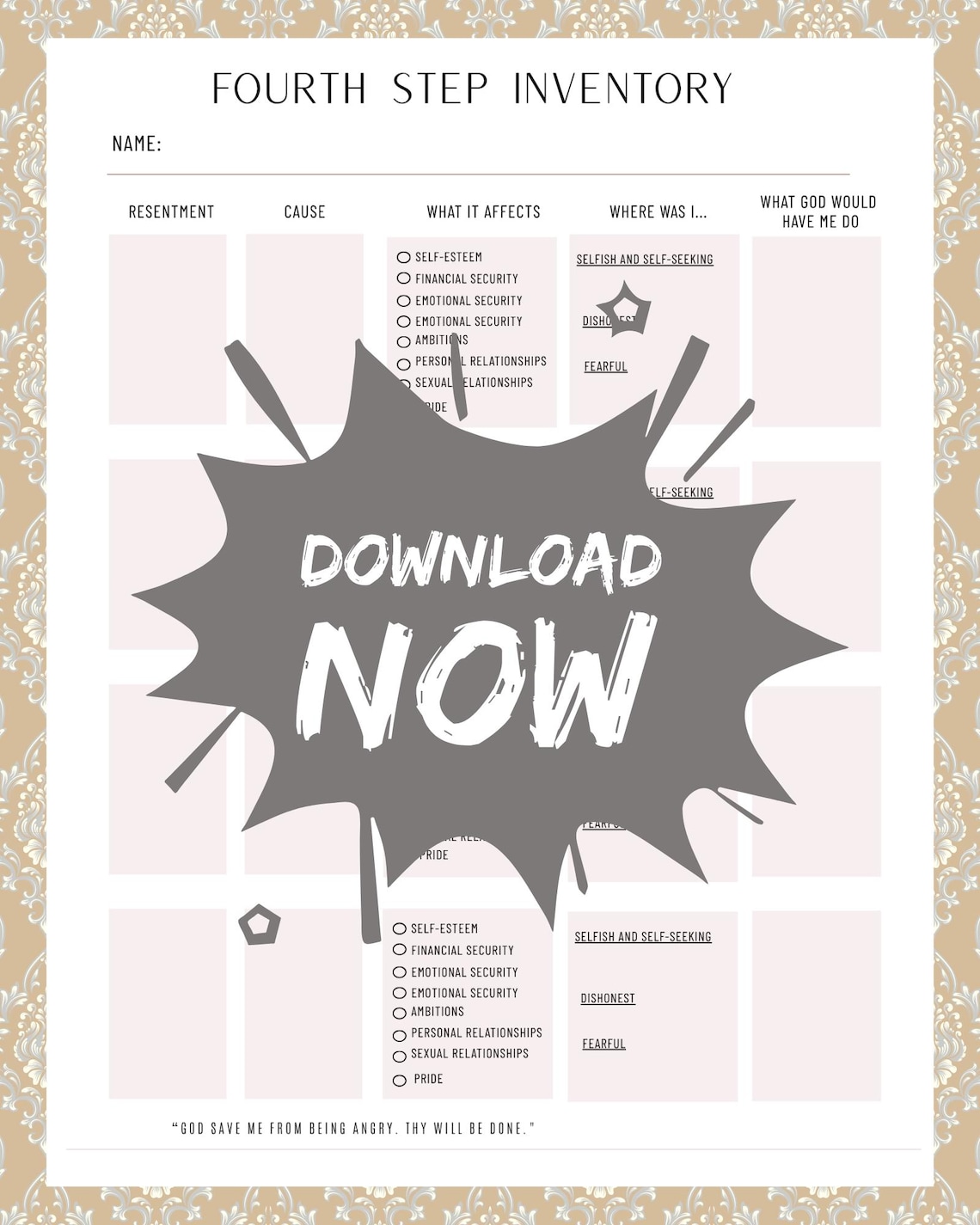 Fourth Step Inventory Worksheet (landscape) | AA Step 4 Printable PDF ...