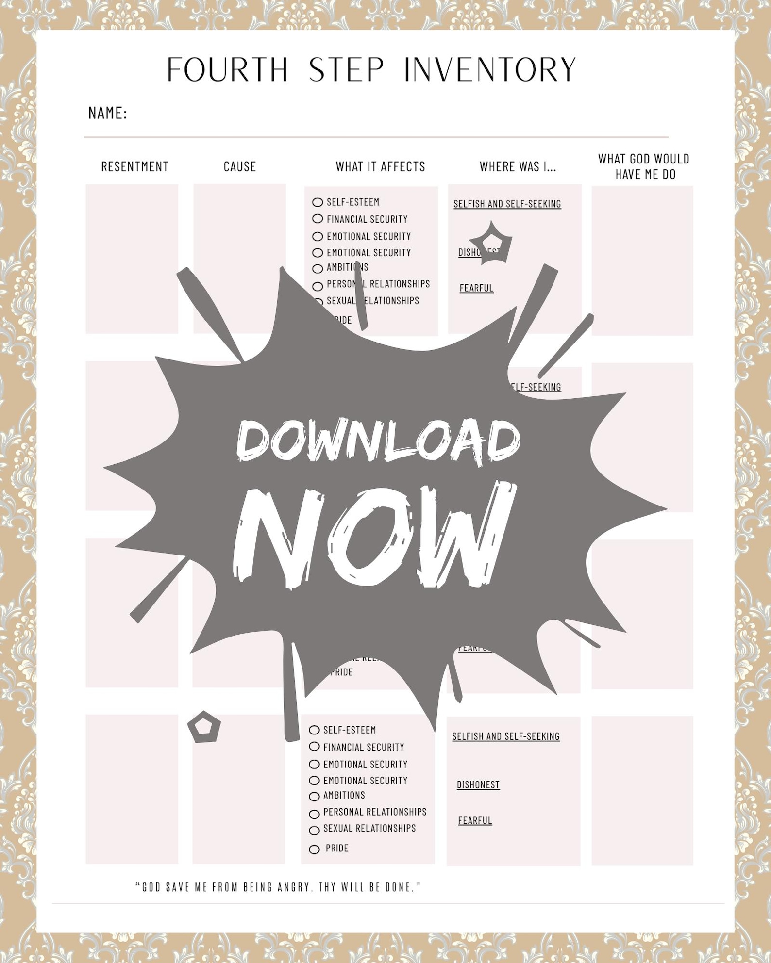 Fourth Step Inventory Worksheet (landscape) | AA Step 4 Printable PDF ...