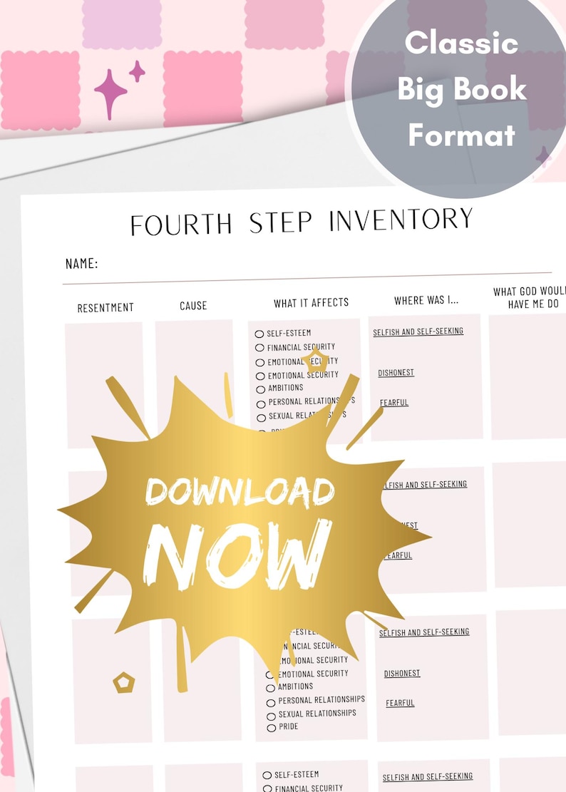 Fourth Step Inventory Worksheet (landscape) | AA Step 4 Printable PDF ...