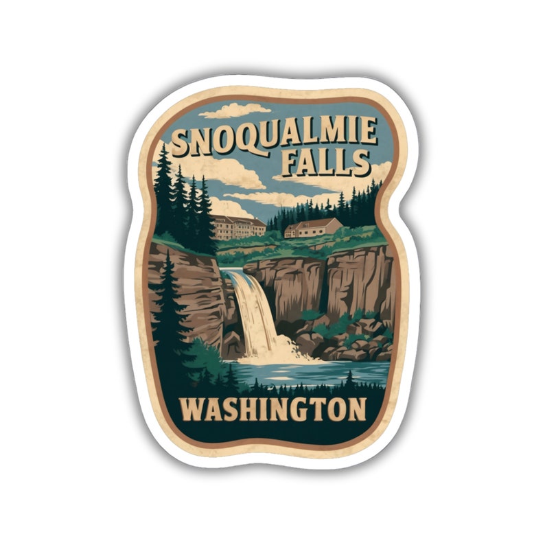 Sticker, Snoqualmie Falls, Washington, Scenic Waterfall and Lodge Decal ...