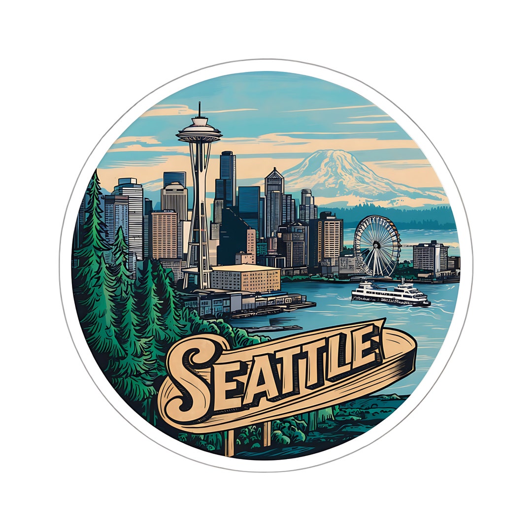 Sticker, Seattle Skyline and Mount Rainier, Iconic Cityscape and Nature ...