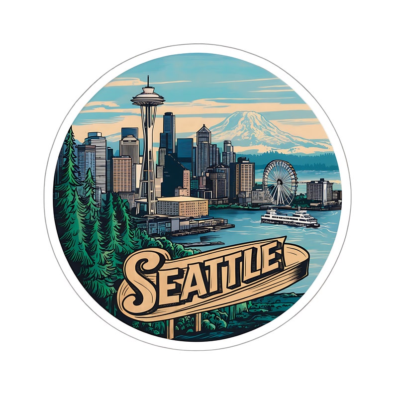 Sticker, Seattle Skyline and Mount Rainier, Iconic Cityscape and Nature ...