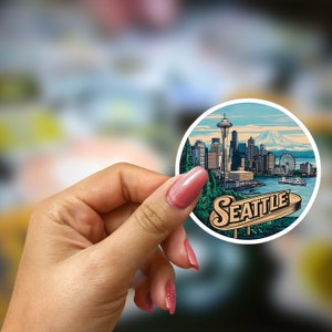 Sticker, Seattle Skyline and Mount Rainier, Iconic Cityscape and Nature ...