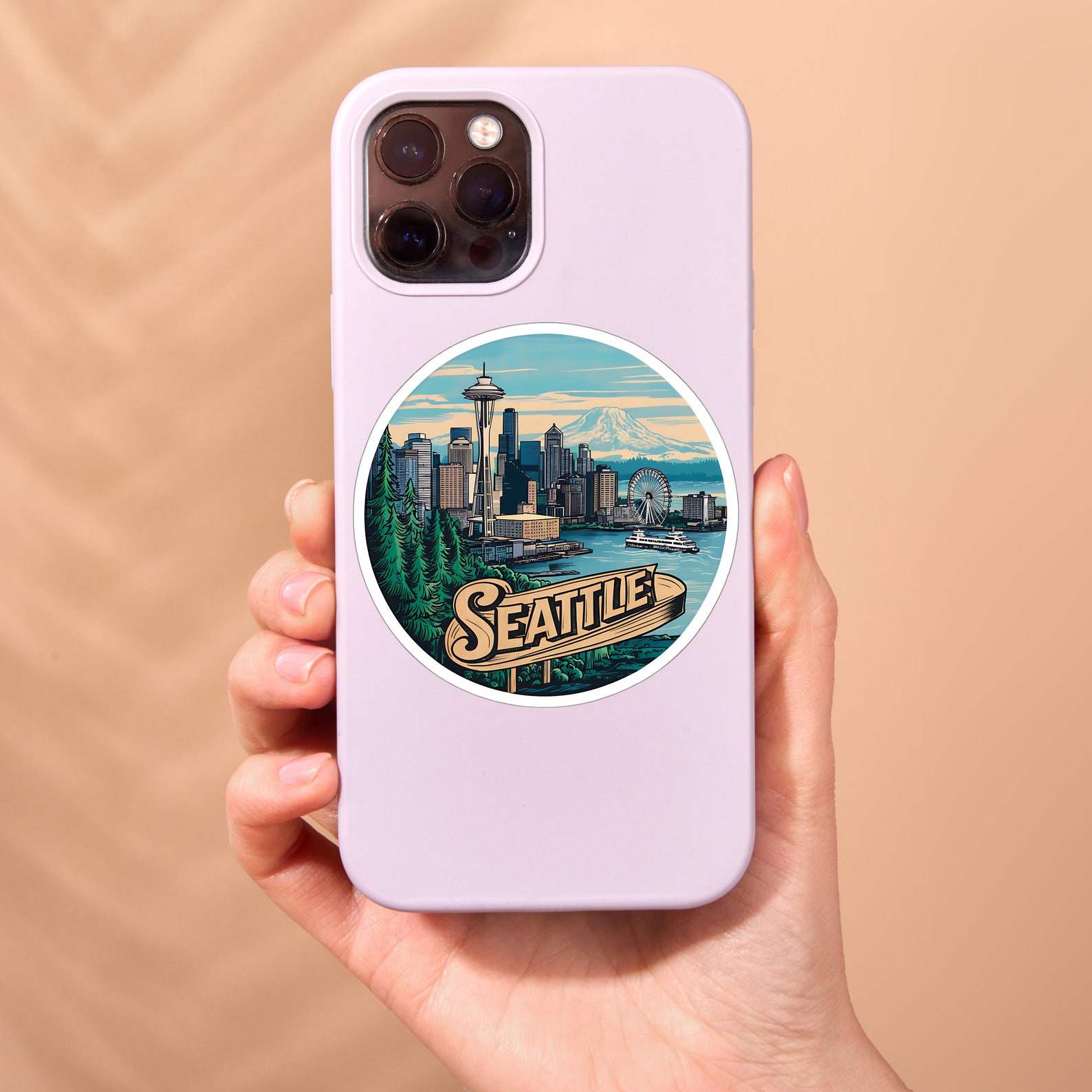 Sticker, Seattle Skyline and Mount Rainier, Iconic Cityscape and Nature ...