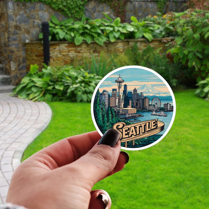 Sticker, Seattle Skyline and Mount Rainier, Iconic Cityscape and Nature ...
