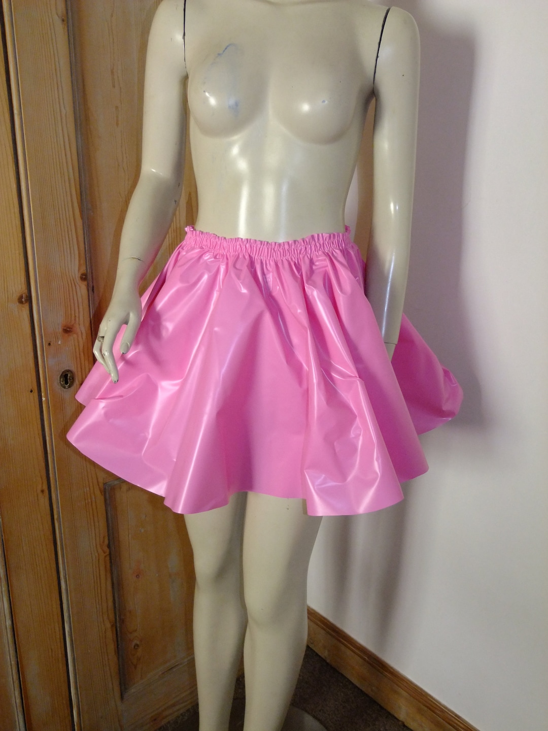 Satin Pink Pvc Skirt Plastic Mini Skater Roleplay Vinyl Etsy