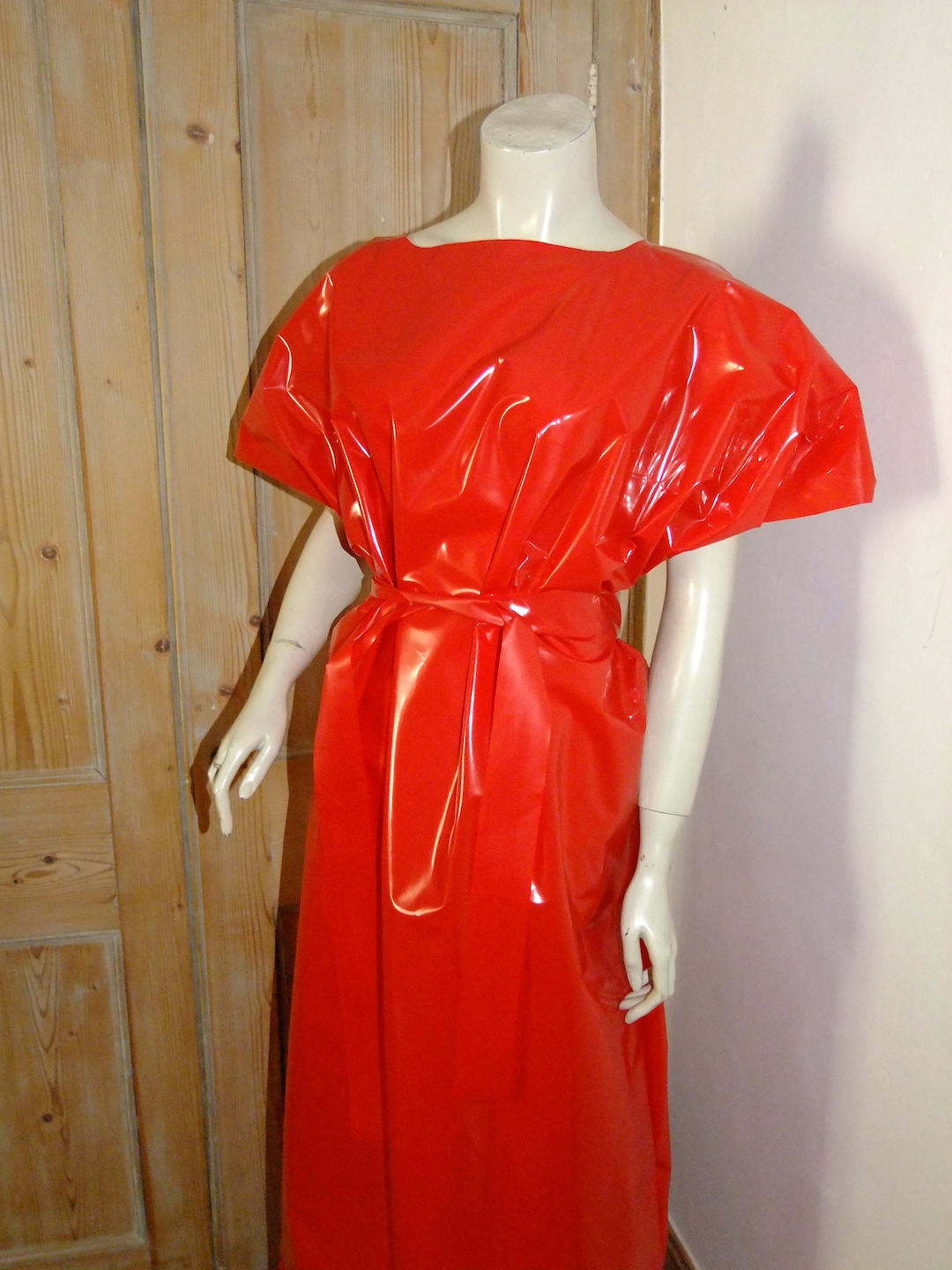 Shiny PVC Tunic Dress Belted Red Plastic. Long 60 Maxi Gown Tunic Dress ...
