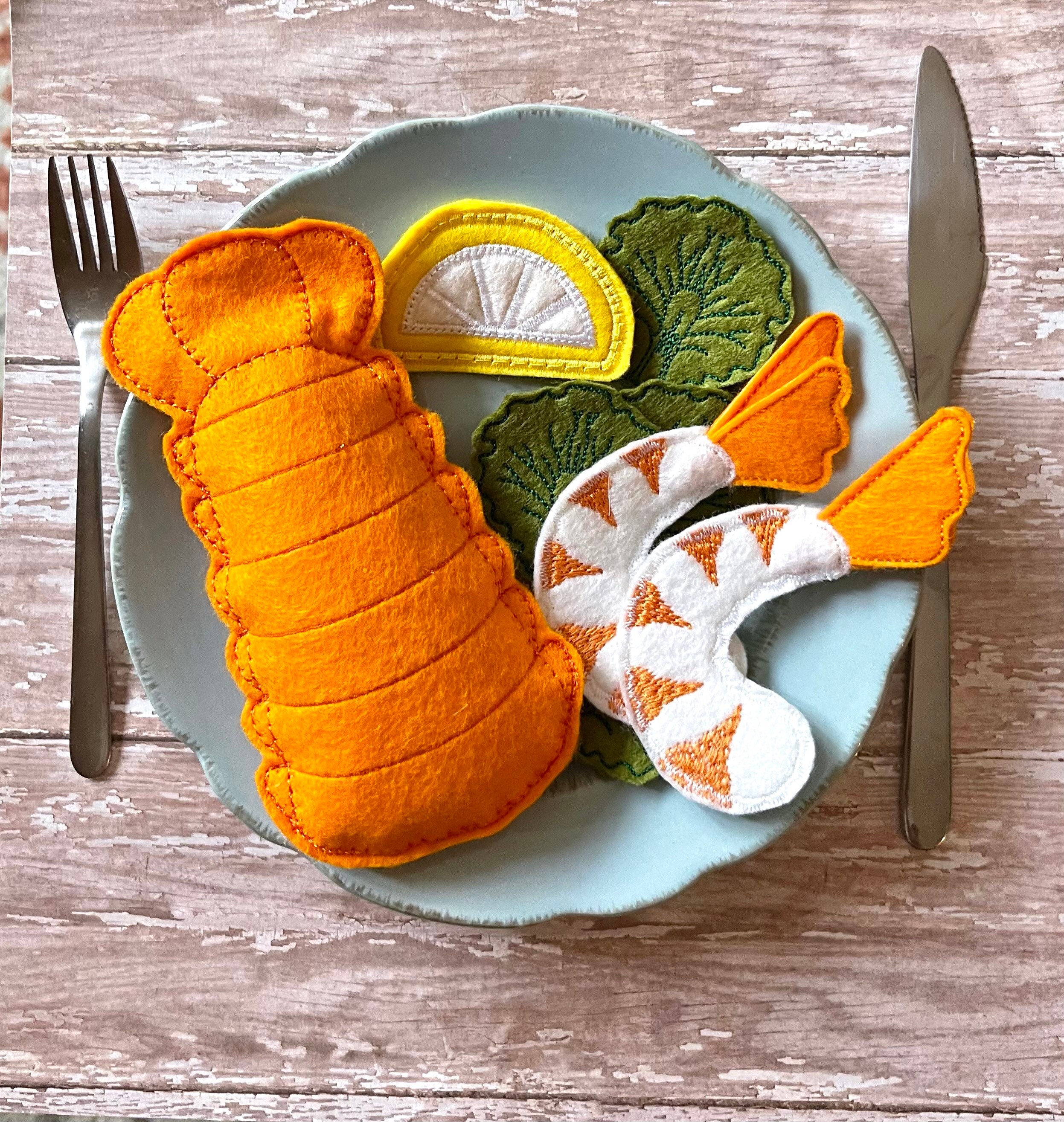Lobster and Shrimp Tail Dinner Felt, Felt Lemon Slice, Felt Lettuce ...