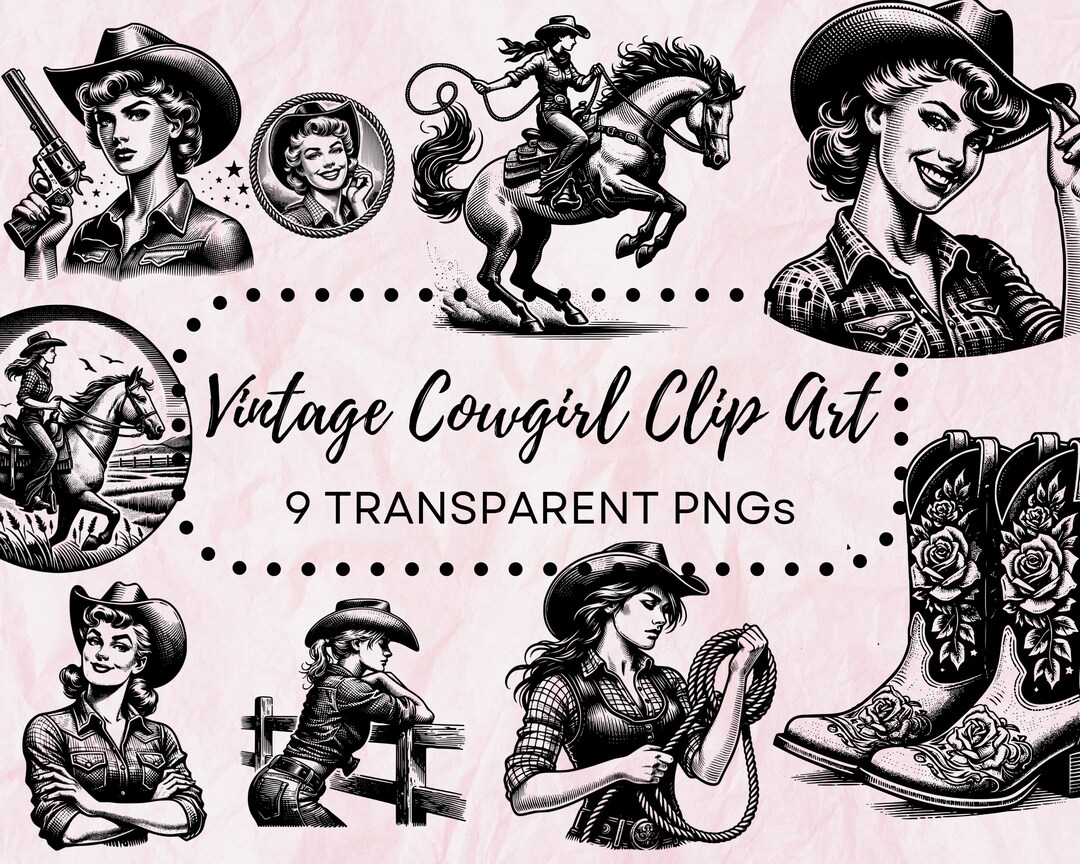 Vintage Cowgirl Clip Art Bundle, 9 Western Pngs Bundle, Retro Cowgirl ...