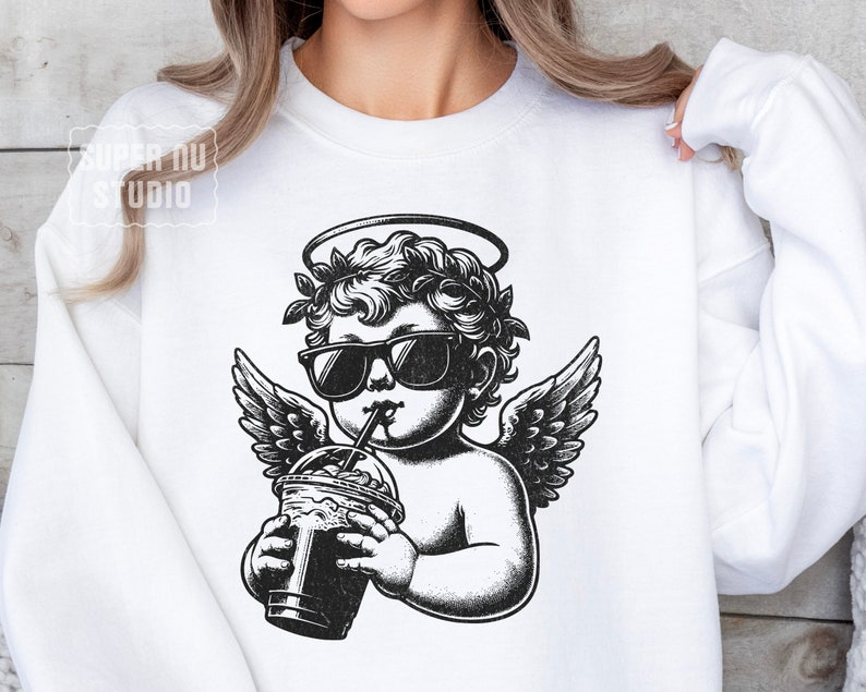 Cherub Angel Drinking Iced Coffee PNG, Funny Graphic Printable, POD ...