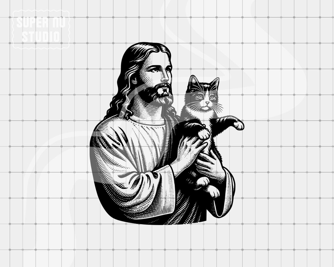 Jesus Holding A Cat PNG, Funny Religious Png, Funny Retro Meme Graphic ...