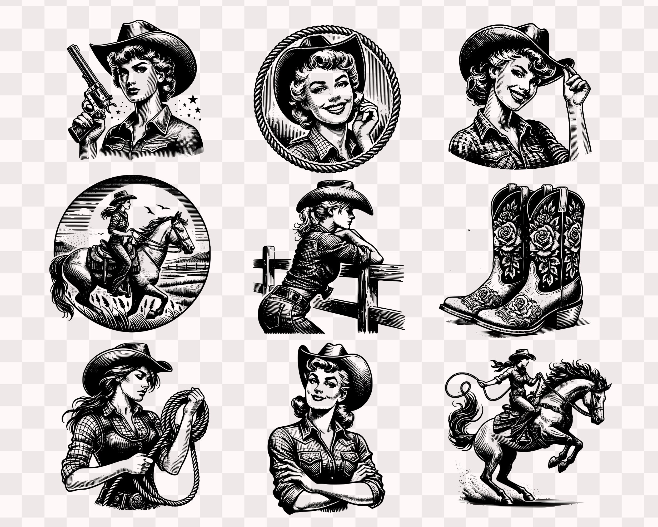 Vintage Cowgirl Clip Art Bundle, 9 Western Pngs Bundle, Retro Cowgirl ...