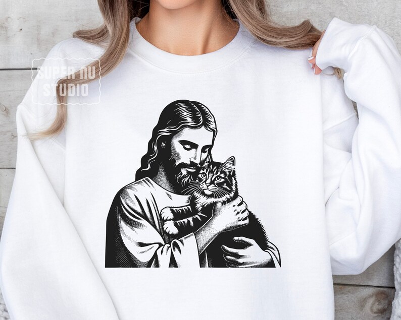 Jesus Hugging A Cat PNG, Funny Religious Png, Funny Retro Meme Graphic ...