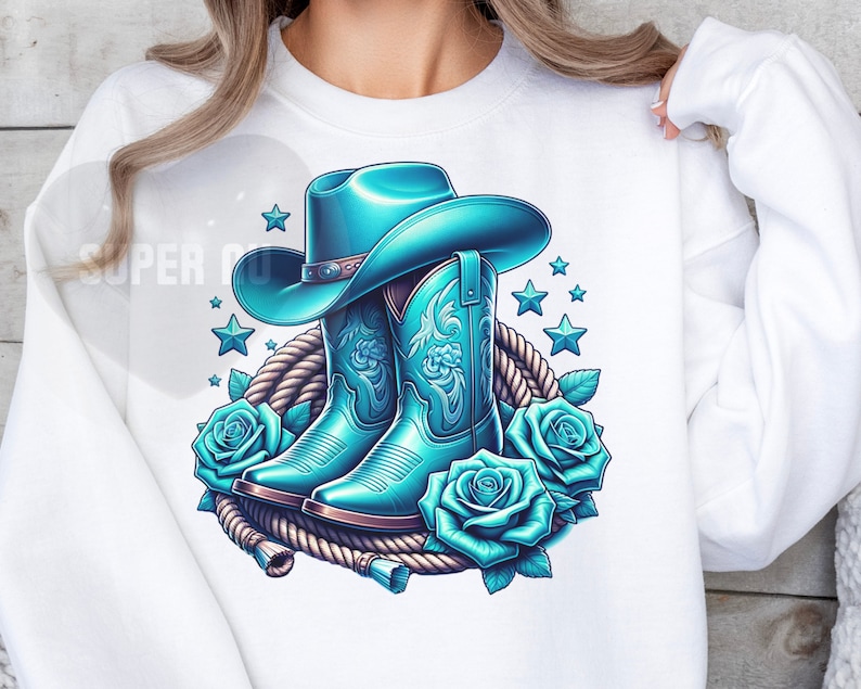 Turquoise Cowboy Boots and Roses PNG, Western Graphic Printable, POD ...