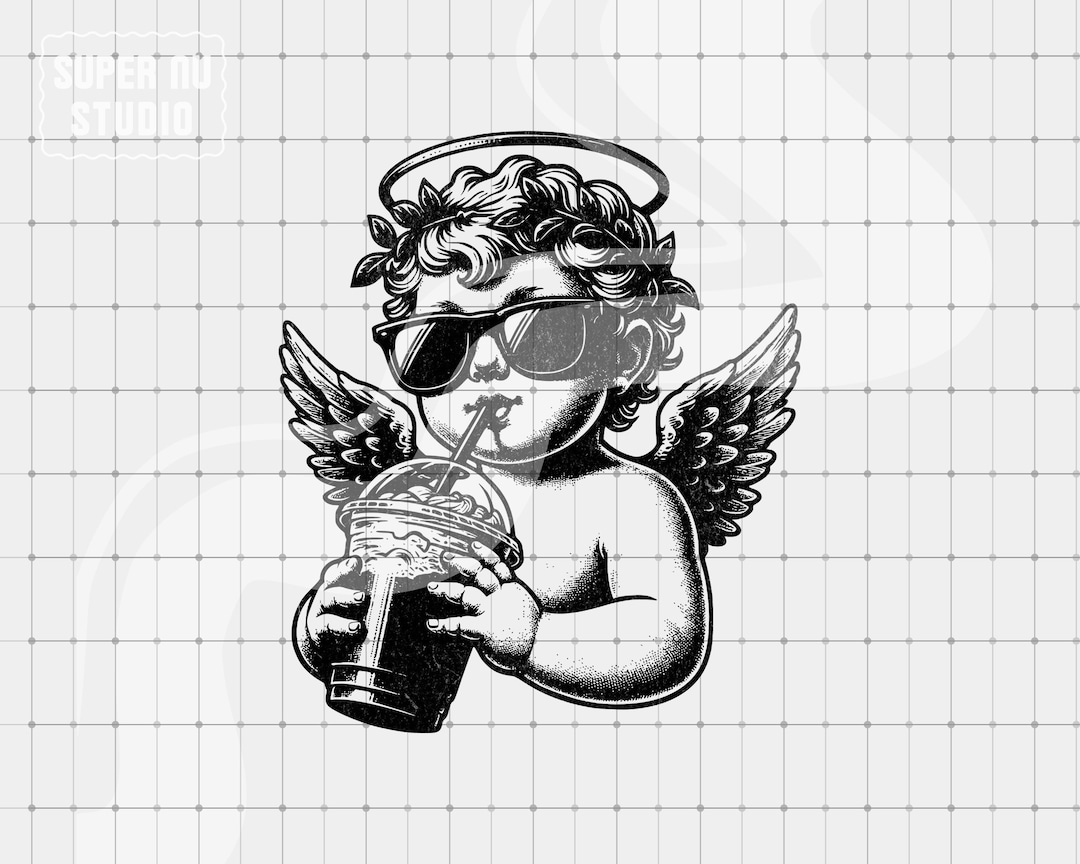 Cherub Angel Drinking Iced Coffee PNG, Funny Graphic Printable, POD ...
