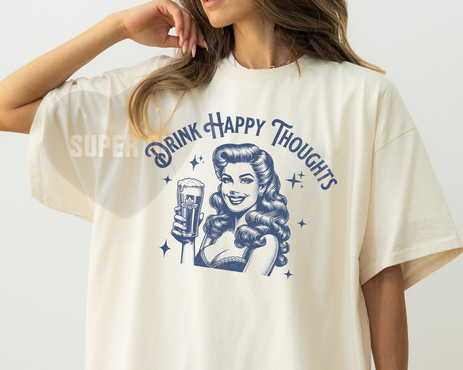 Drink Happy Thoughts PNG, Funny Retro Woman Graphic Printable, POD ...