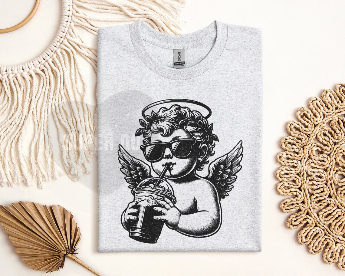 Cherub Angel Drinking Iced Coffee PNG, Funny Graphic Printable, POD ...