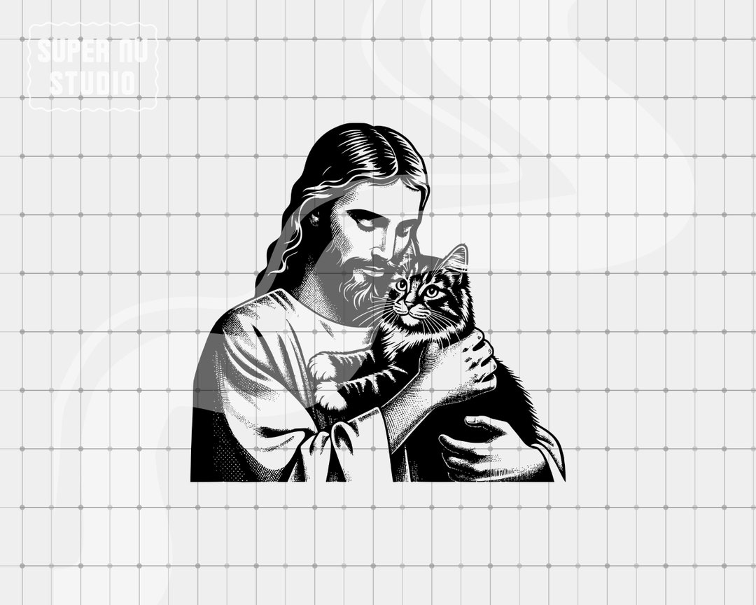 Jesus Hugging A Cat PNG, Funny Religious Png, Funny Retro Meme Graphic ...