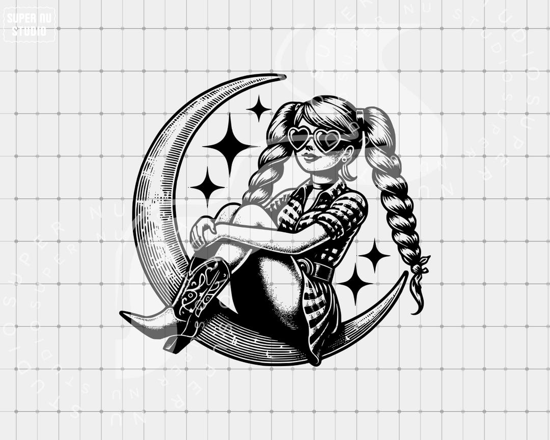 Coquette Cowgirl in Crescent Moon PNG, Retro Cowgirl Heart-shaped ...