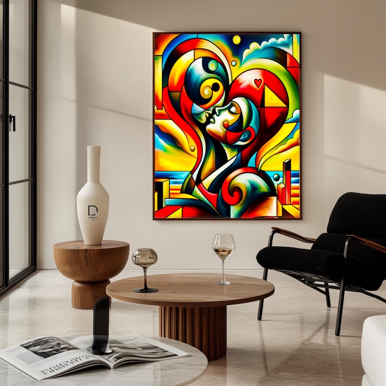 Colorful Love Cubist Art Painting, Vibrant Abstract Couple Artwork ...