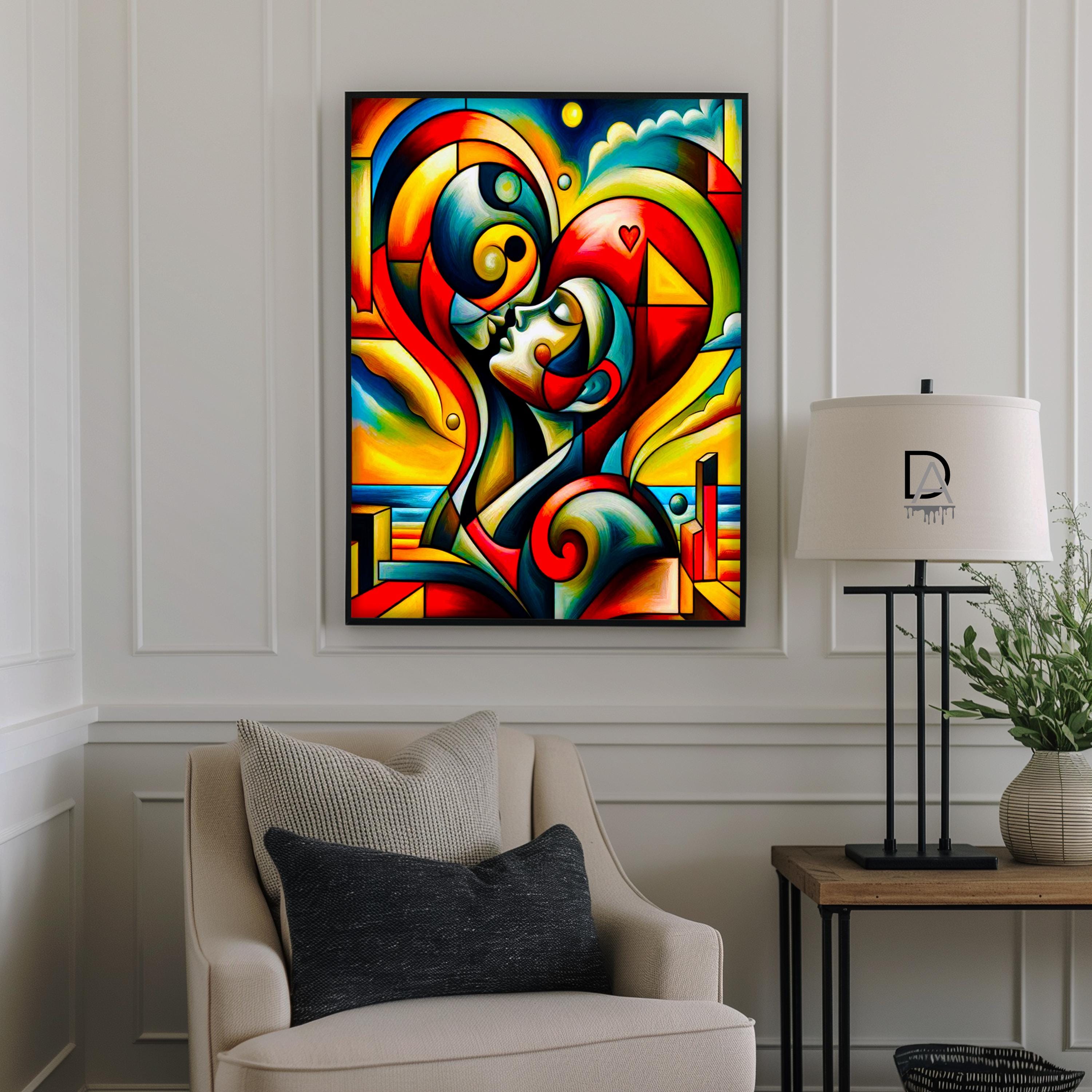 Colorful Love Cubist Art Painting, Vibrant Abstract Couple Artwork ...