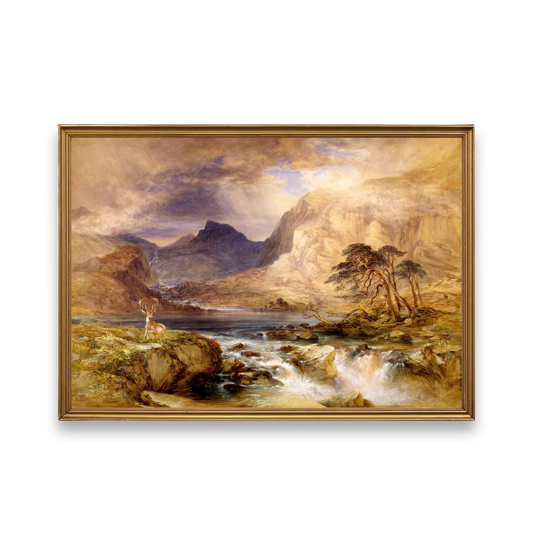 Landscape Painting, Highland Scenery, Majestic Stag Art, Waterfall ...