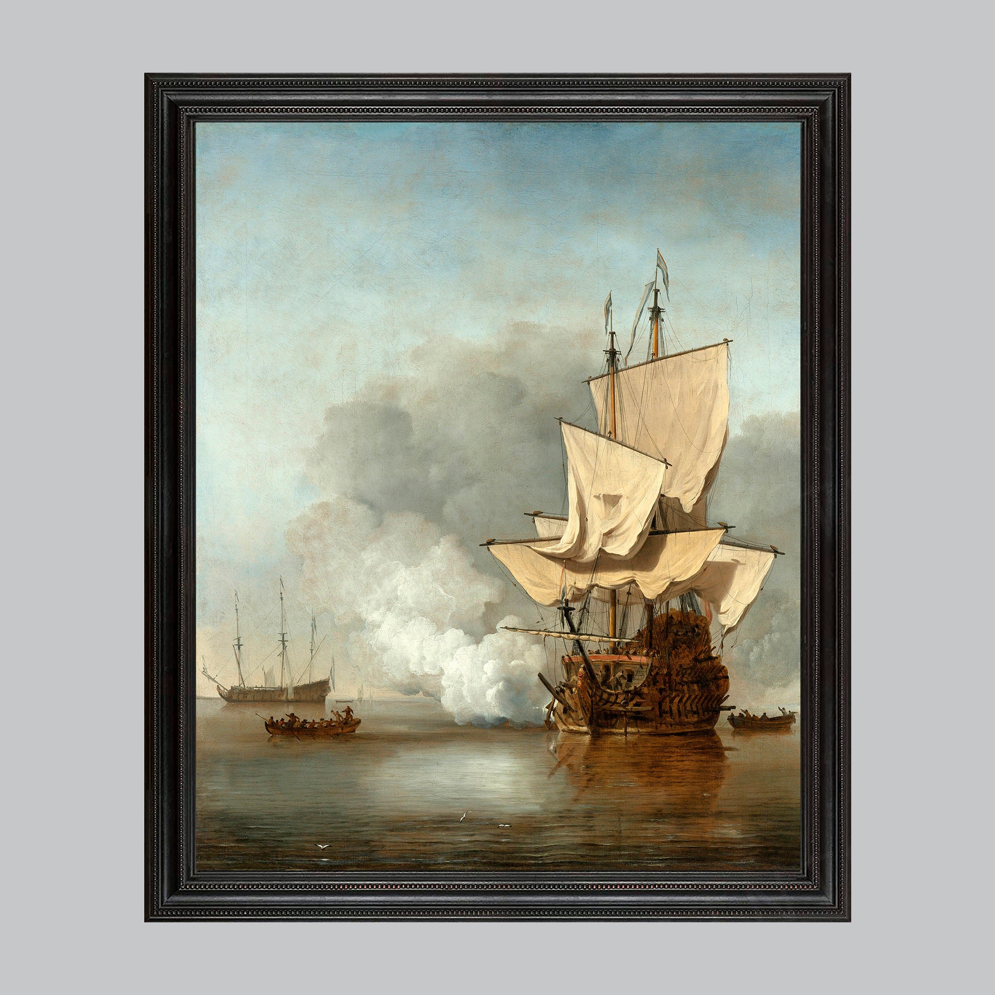 A Dutch Warship Vintage Painting Maritime Art Cannon Shot of Harbor ...
