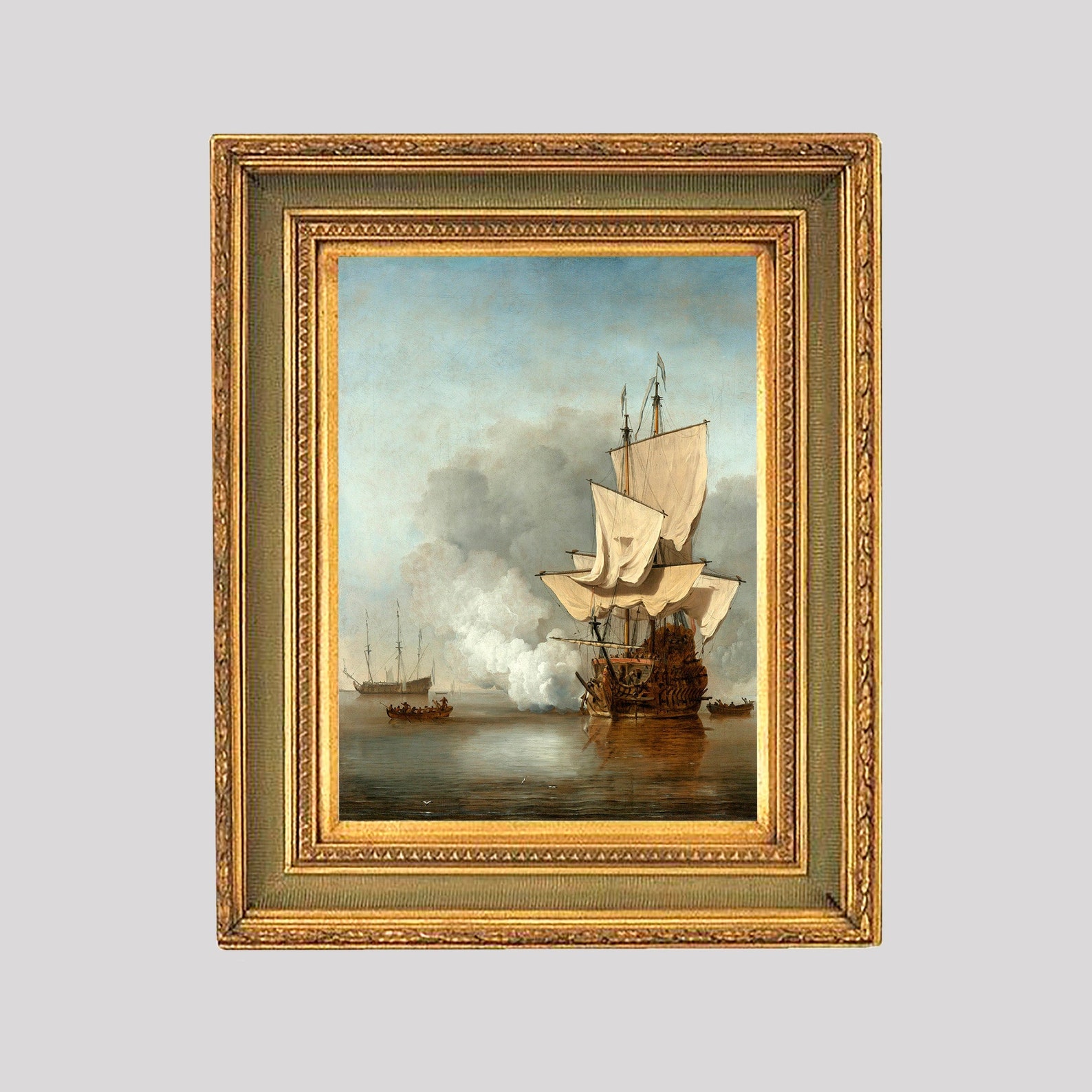 A Dutch Warship Vintage Painting Maritime Art Cannon Shot of Harbor ...