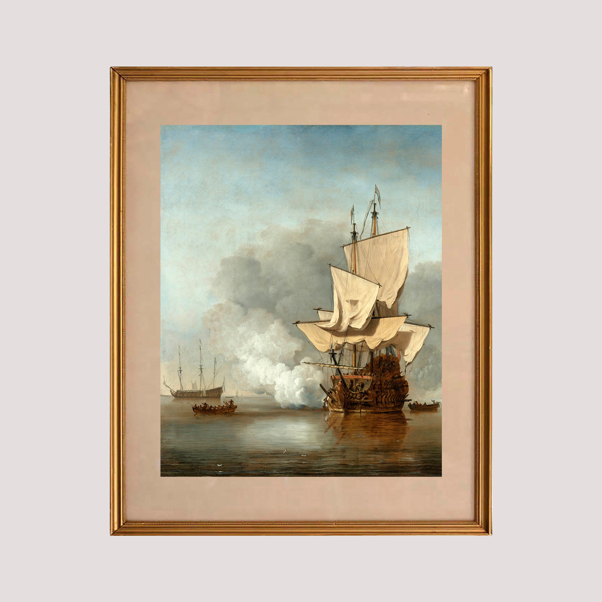 A Dutch Warship Vintage Painting Maritime Art Cannon Shot of Harbor ...
