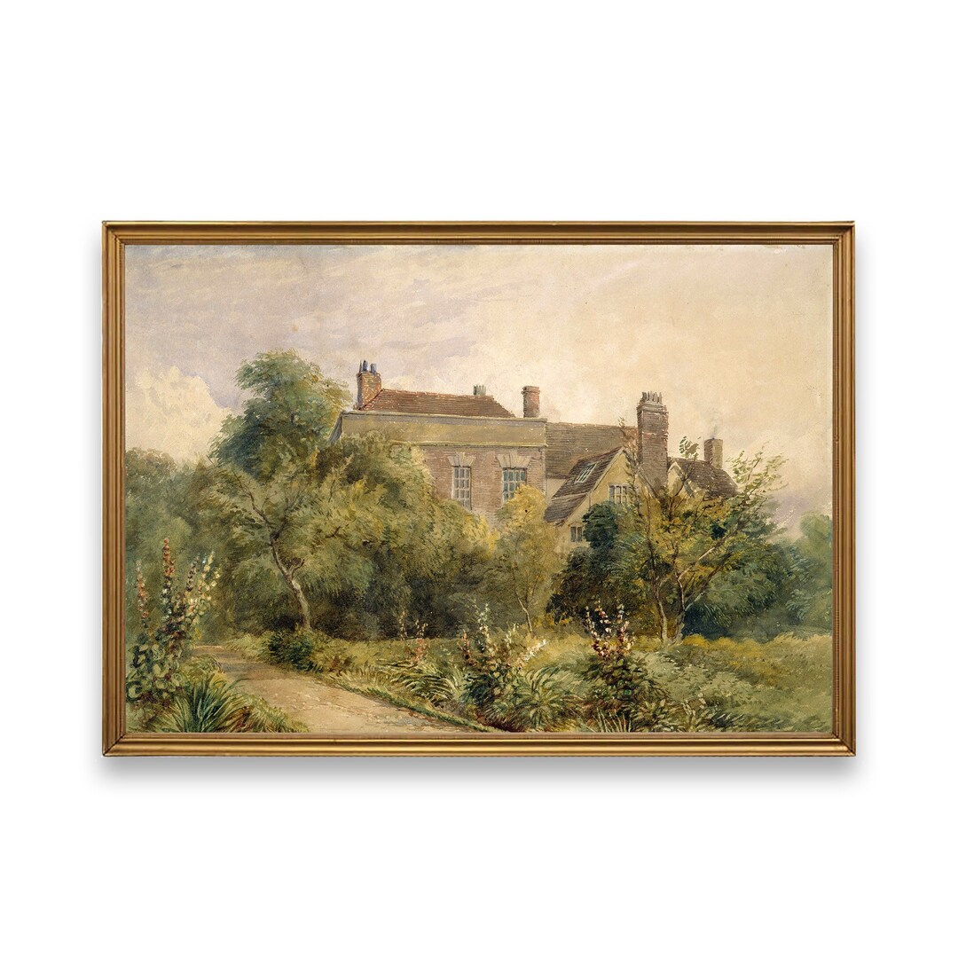 Old English Cottage Painting Antique Garden Wall Art Country Landscape ...