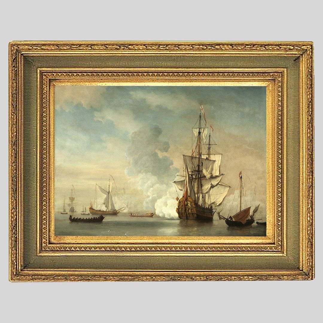 Warship Firing Print Vintage Seascape Painting British Warship Artwotk ...